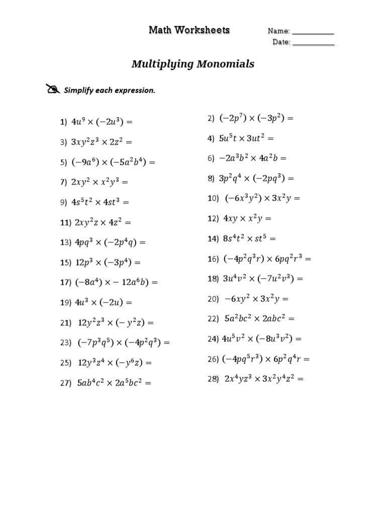 Multiplying Monomials: Math Worksheets | PDF