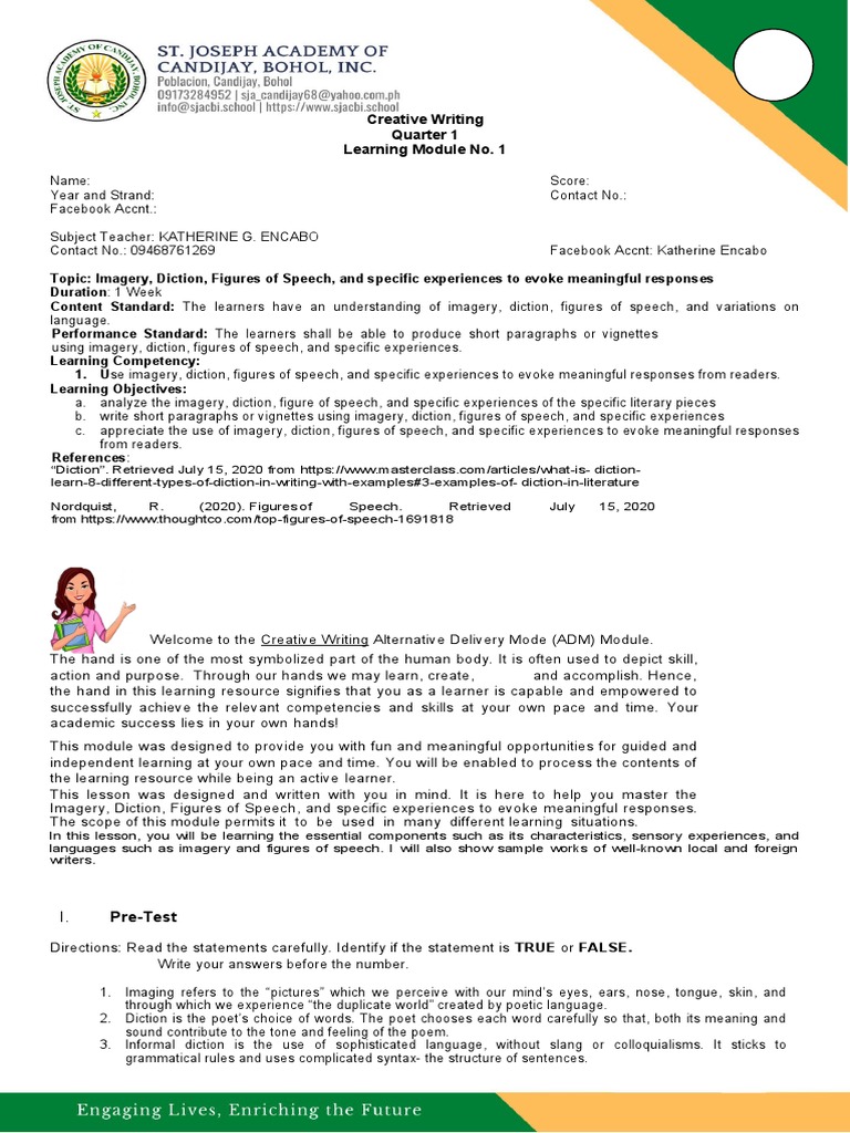 Creative Writing Quarter 1 Learning Module No. 1: Pre-Test | PDF ...