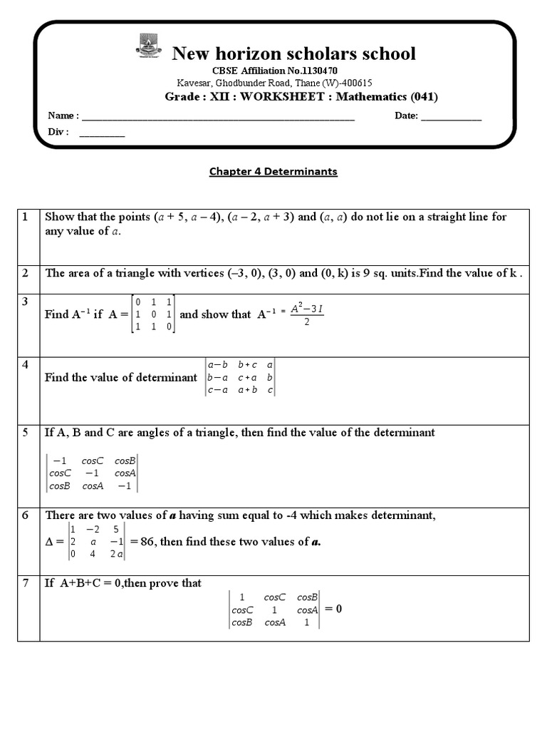 CH 4 Determinants Worksheet 1 | PDF | Elementary Geometry ...