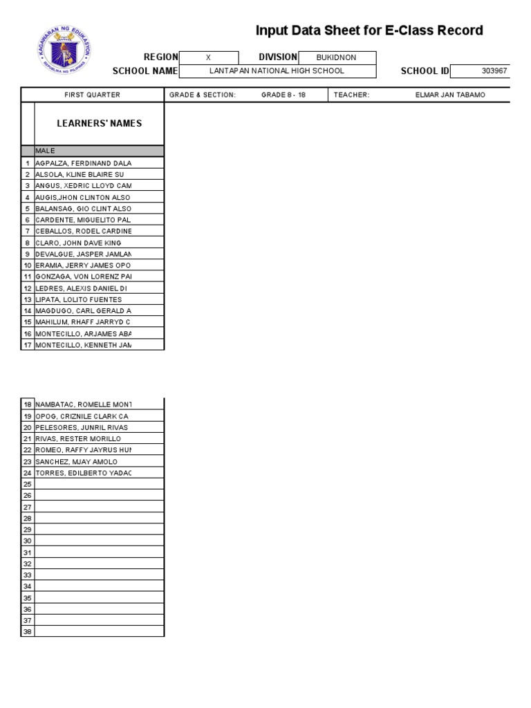 Input Data Sheet For E-Class Record: Region Division School Name School ...