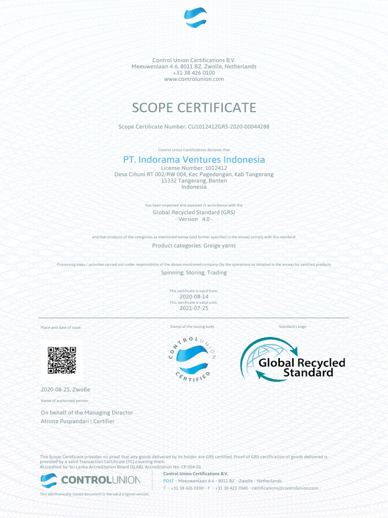 Scope Certificate: PT. Indorama Ventures Indonesia | PDF | Materials ...