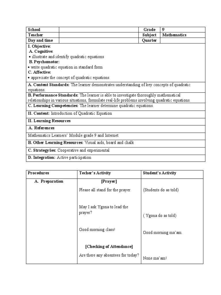 DLP of Introduction To Quadratic Equation | PDF | Quadratic Equation ...