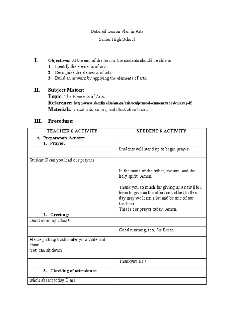 Detailed Lesson Plan in Arts | PDF | Lesson Plan | Vision