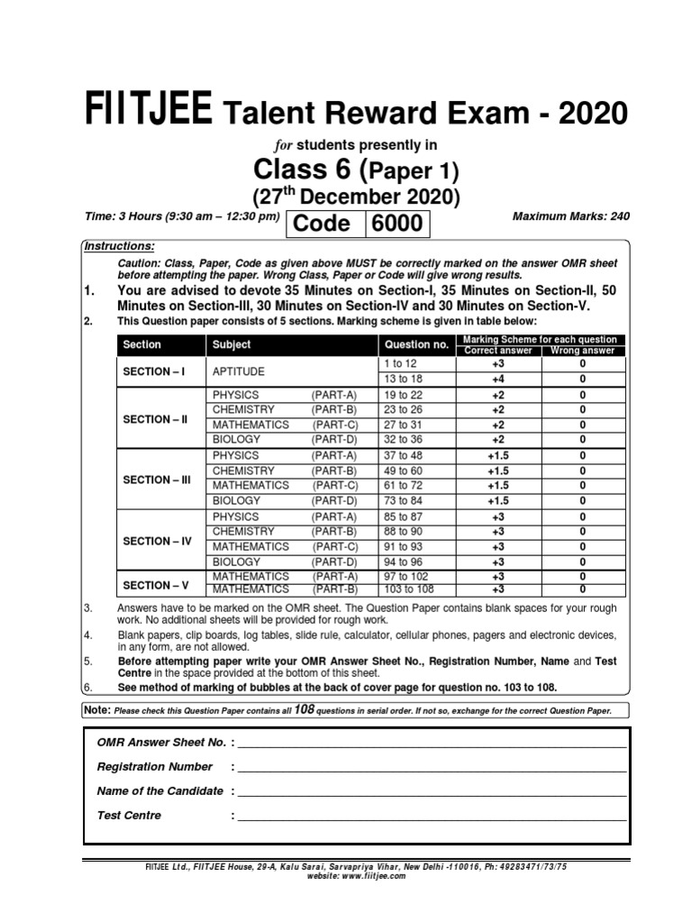 FIITJEE Talent Reward Exam - 2020: Section-I Aptitude Test Questions ...