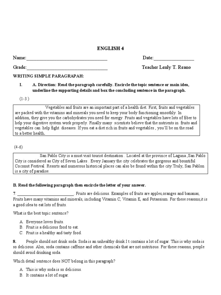 Name: - Date: - Grade: - Teacher Lenly T. Reano | PDF | Noun | Fruit