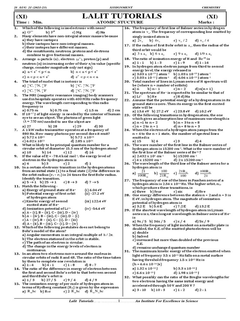 Atomic Structure Assig (Xi 2021-23) (Print) 26 08 21 | PDF | Electron ...