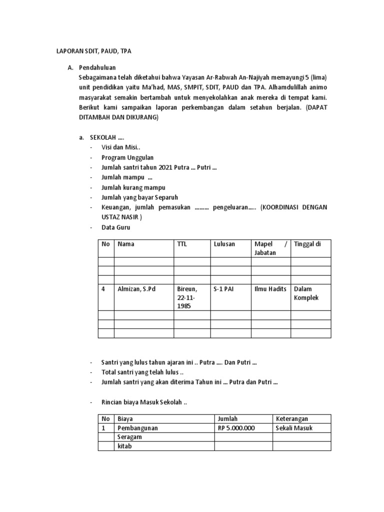 Format Laporan Tpa, Sdit Dan Paud 2021 | PDF