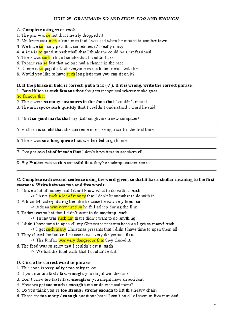 Unit 25 - b1. Grammar - So and Such, Too and Enough - Updated | PDF