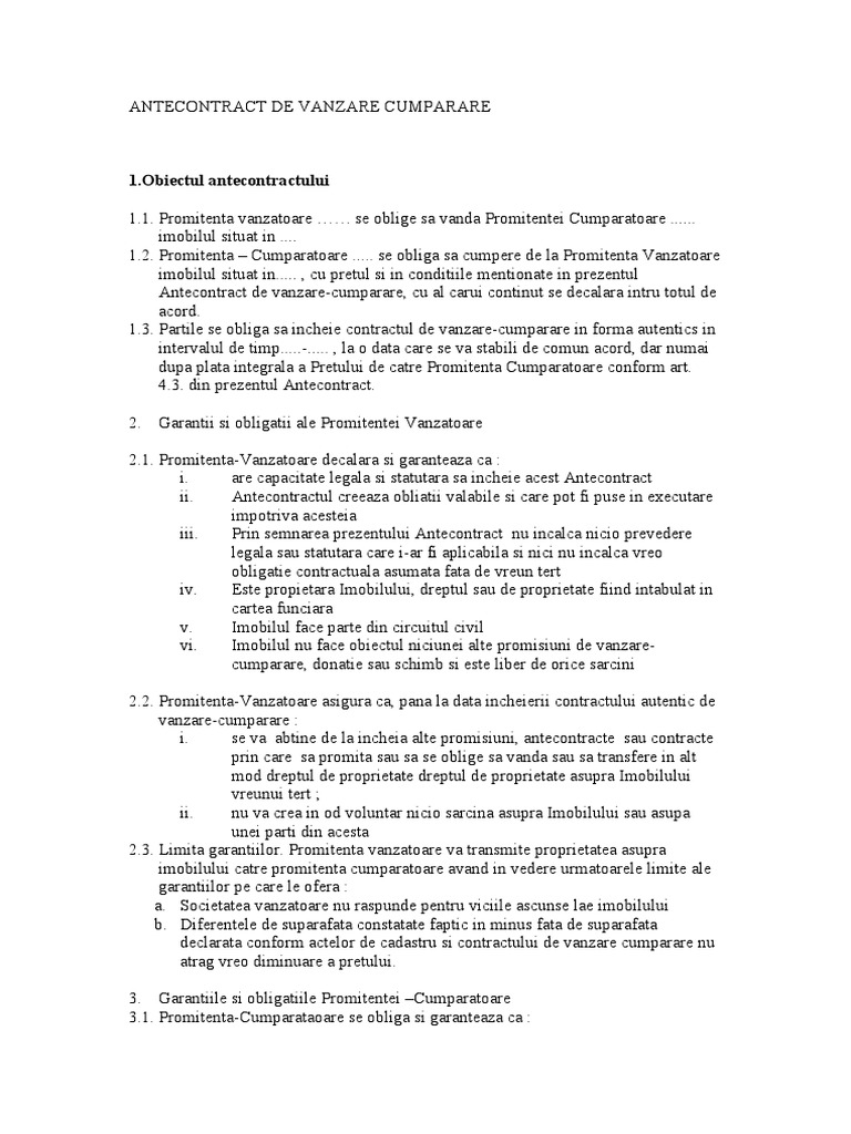 Ante Contract de Vanzare Cumparare Simplificat | PDF