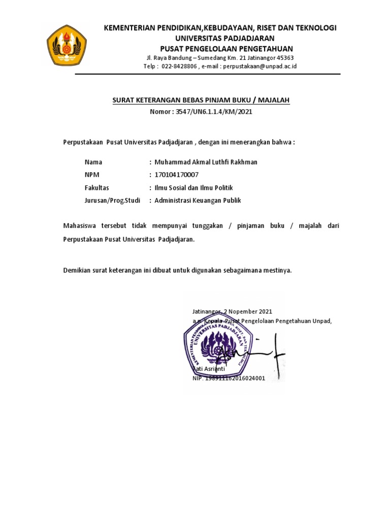 Surat Keterangan Bebas Perpustakaan Unpad | PDF