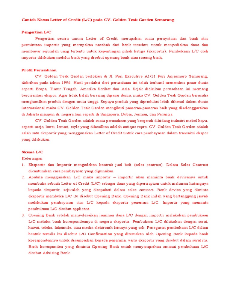 Contoh Kasus Letter of Credit L C Pada C | PDF