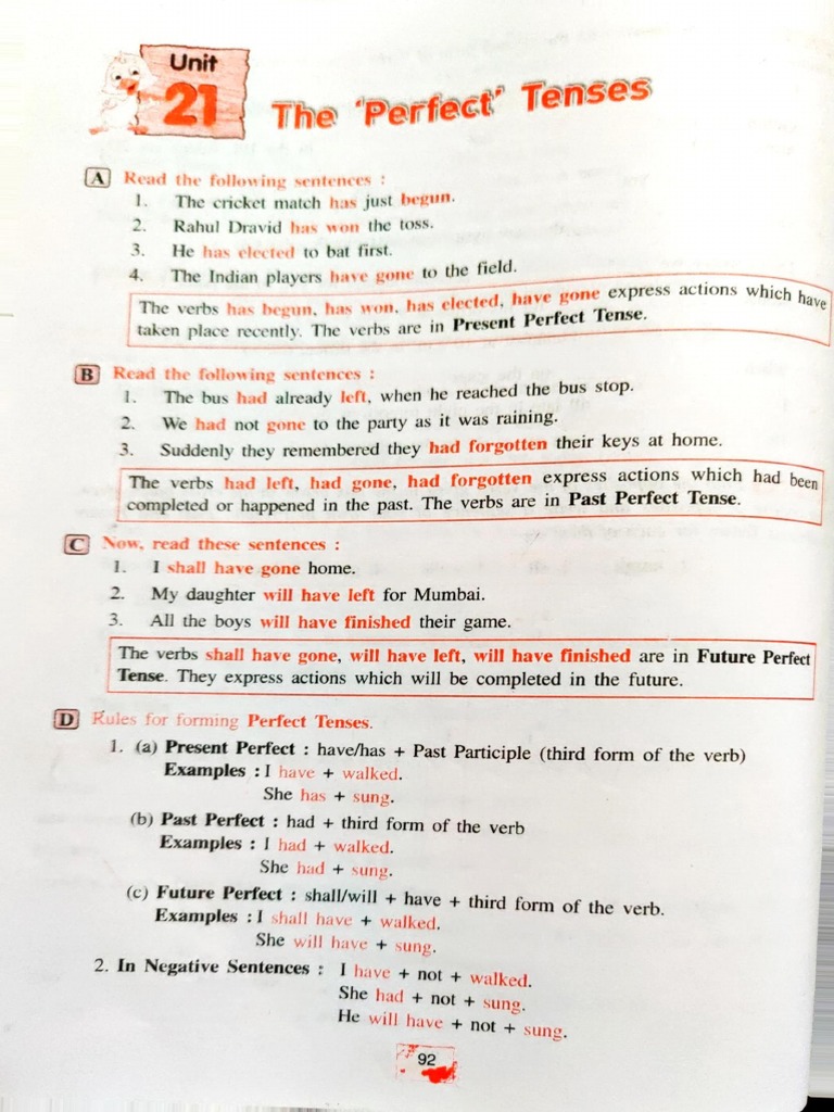 Class 6 - Grammar Textbook - Unit-21 - The Perfect Tenses | PDF ...