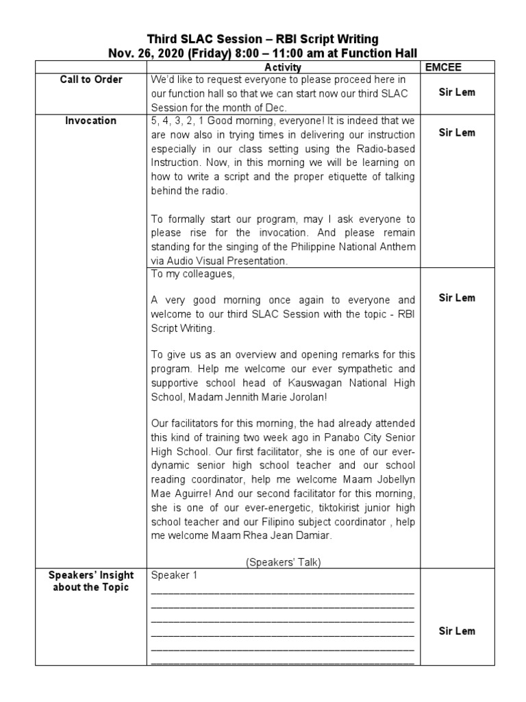 Third SLAC Session - RBI Script Writing Nov. 26, 2020 (Friday) 8:00 ...