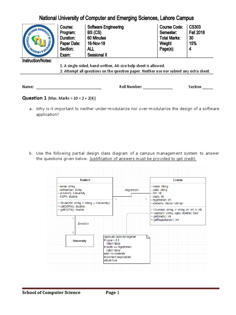 Software Engineering Exam Paper CS303 | PDF | Menu (Computing ...