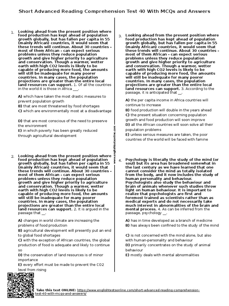 Short Advanced Reading Comprehension Test 40 With Mcqs and Answers ...