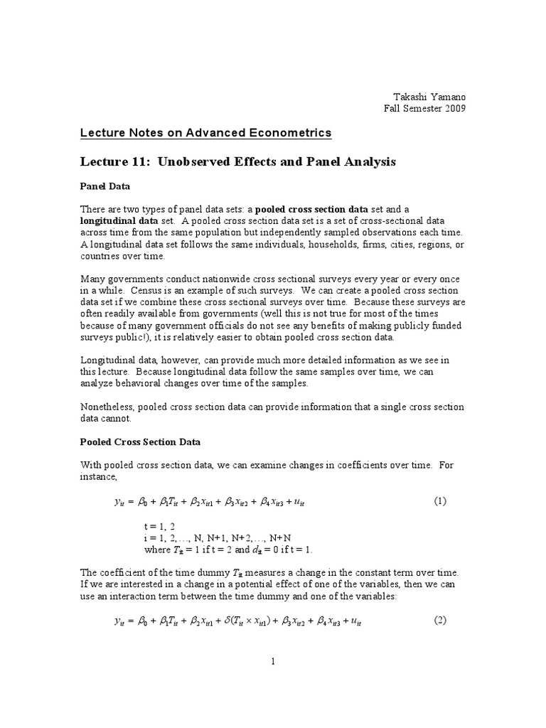Lecture Note 11 Panel Analysis | PDF | Correlation And Dependence | Fixed Effects Model