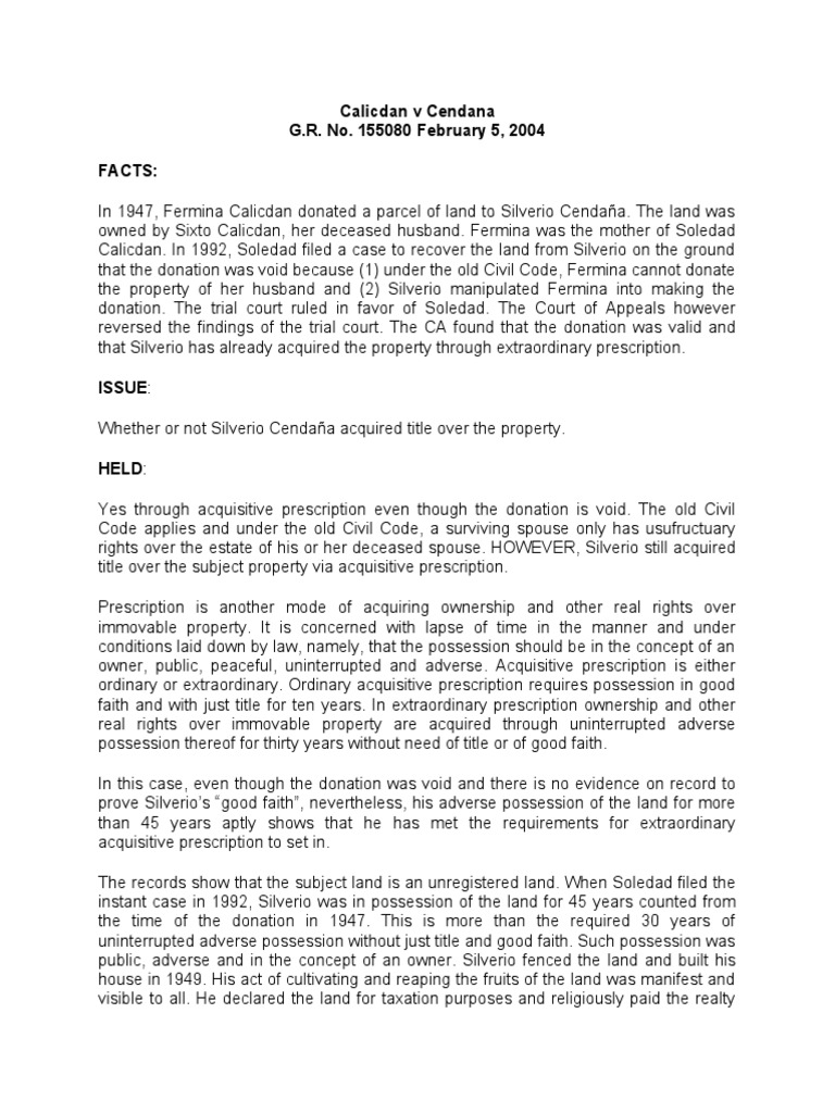 Facts:: Calicdan V Cendana G.R. No. 155080 February 5, 2004 | PDF ...