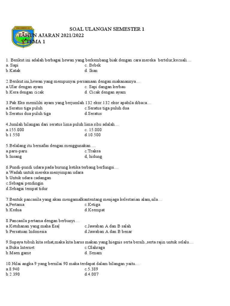 Judul Ulangan Semester 1 Tahun Ajaran 2021/2022 | PDF