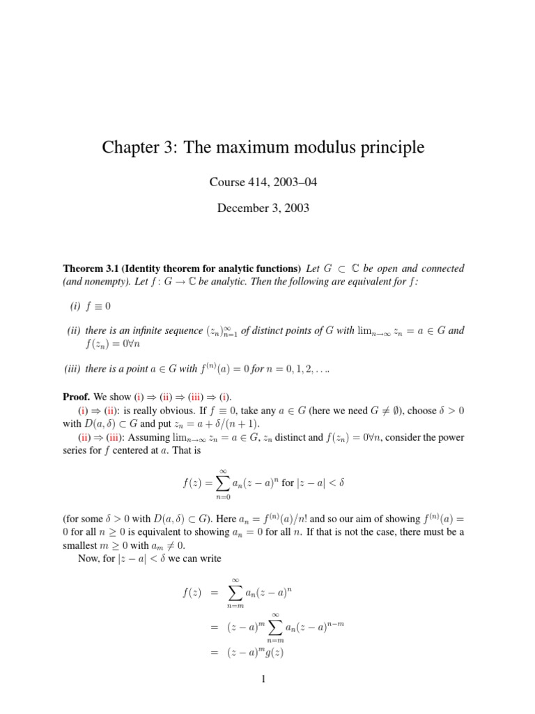 Chapter 3: The Maximum Modulus Principle: Course 414, 2003-04 December 3, 2003 | PDF ...