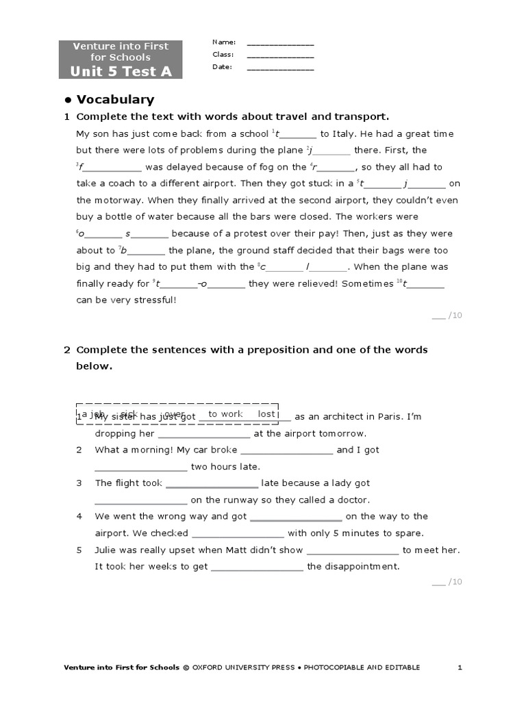 Venture First Schools Unit Test 5a | PDF | Airport | Linguistics