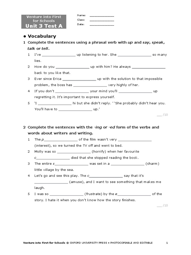 Venture First Schools Unit Test 3a | PDF | Grammar | Linguistics