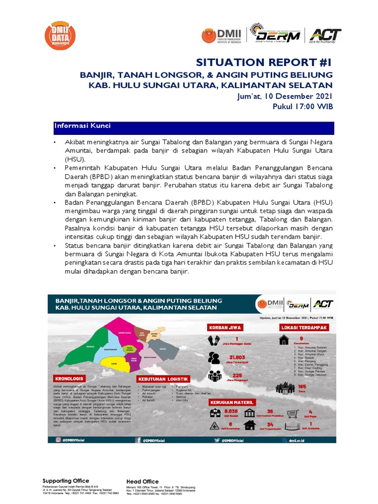 Sitrep Banjir, Longsor & Puting Beliung Kab. HSU Kalsel #1 | PDF