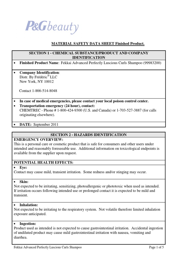 Msds Finish Product (Sample) | PDF | Cosmetics | Safety