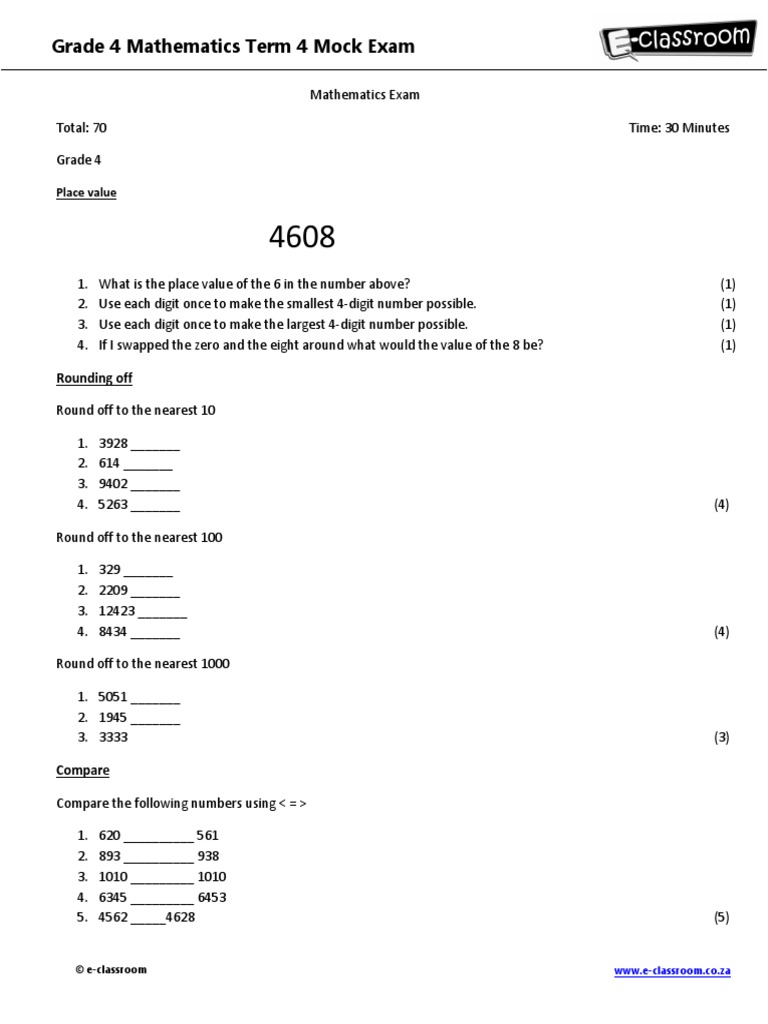 Grade 4 Mathematics Term 4 Mock Exam: Place Value | PDF | Kilogram ...