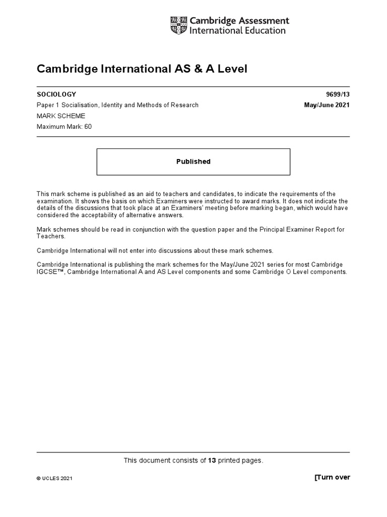 Cambridge International AS & A Level: Sociology 9699/13 May/June 2021 ...