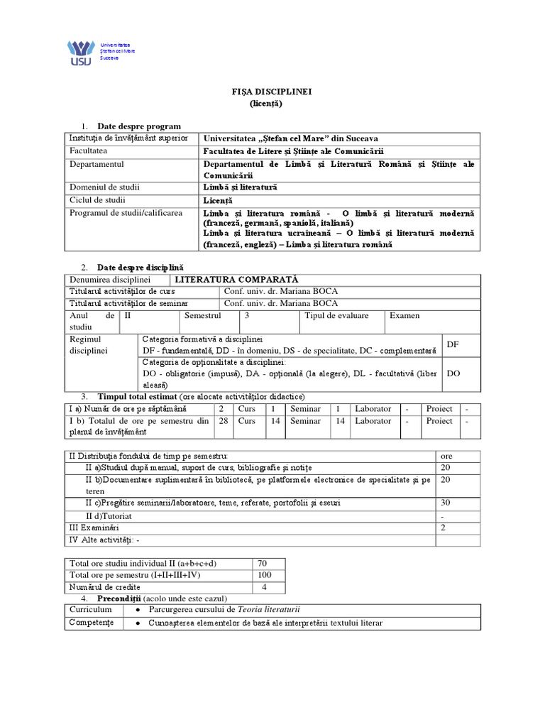 USV FLSC R II 1 3 Literatura Comparata Boca Mariana | PDF