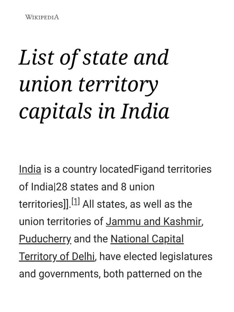List of State and Union Territory Capitals in India - Wikipedia | PDF ...