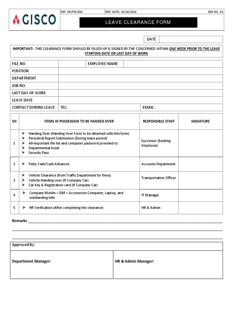 06 Leave Clearance Form - Rev.01 | PDF
