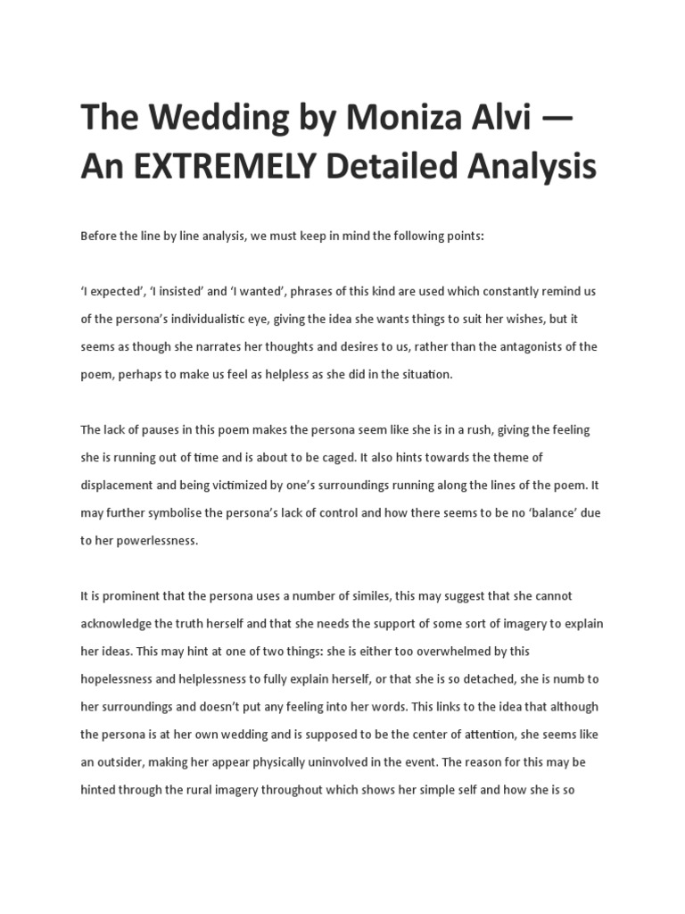 The Wedding by Moniza Alvi - An EXTREMELY Detailed Analysis | PDF | Feeling