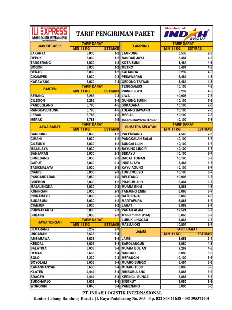 Tarif Pengiriman Paket | PDF