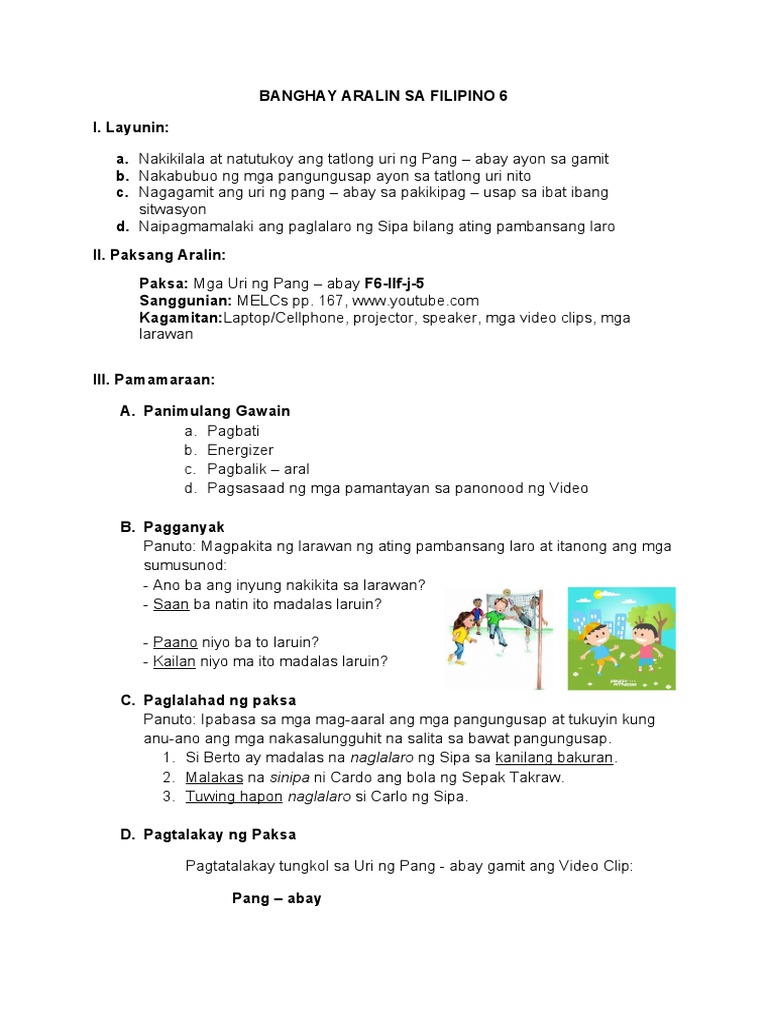 BANGHAY ARALIN SA FILIPINO 6 COT Uri NG Pang - Abay | PDF