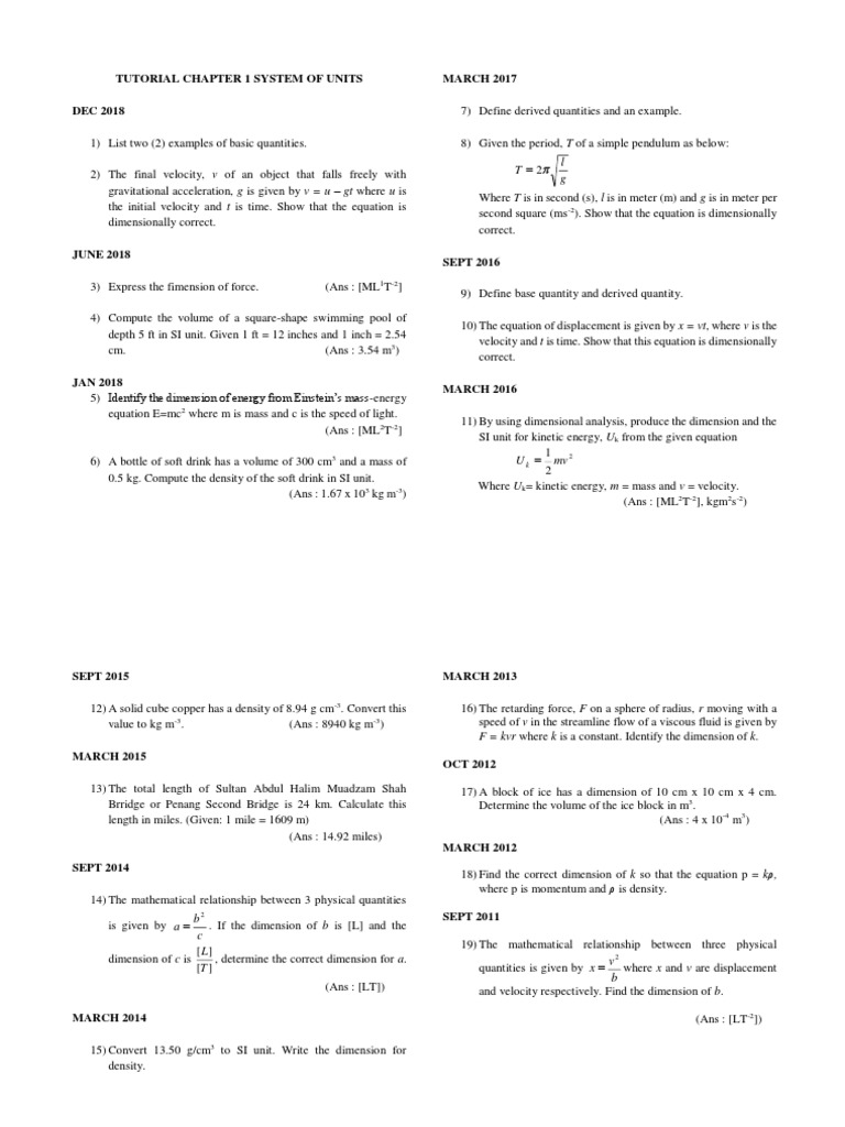 Tutorial Chapter 1 System of Units | PDF | Velocity | Motion (Physics)