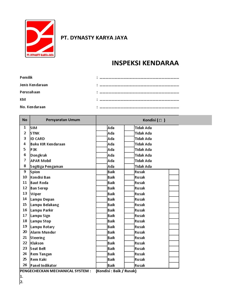 Contoh Form Inspeksi Kendaraan | PDF