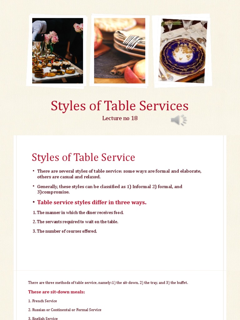 Styles of Table Services: Lecture No 18 | PDF | Tableware | Restaurants