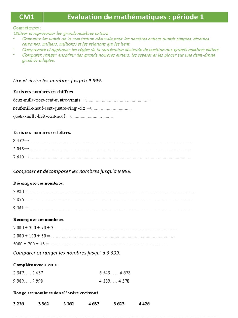©valuation P ©riode 1 CM1 | PDF | Entier naturel | Notation