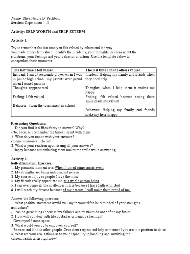 Self-Worth and Self-Esteem Activities | PDF | Self Esteem | Mental ...