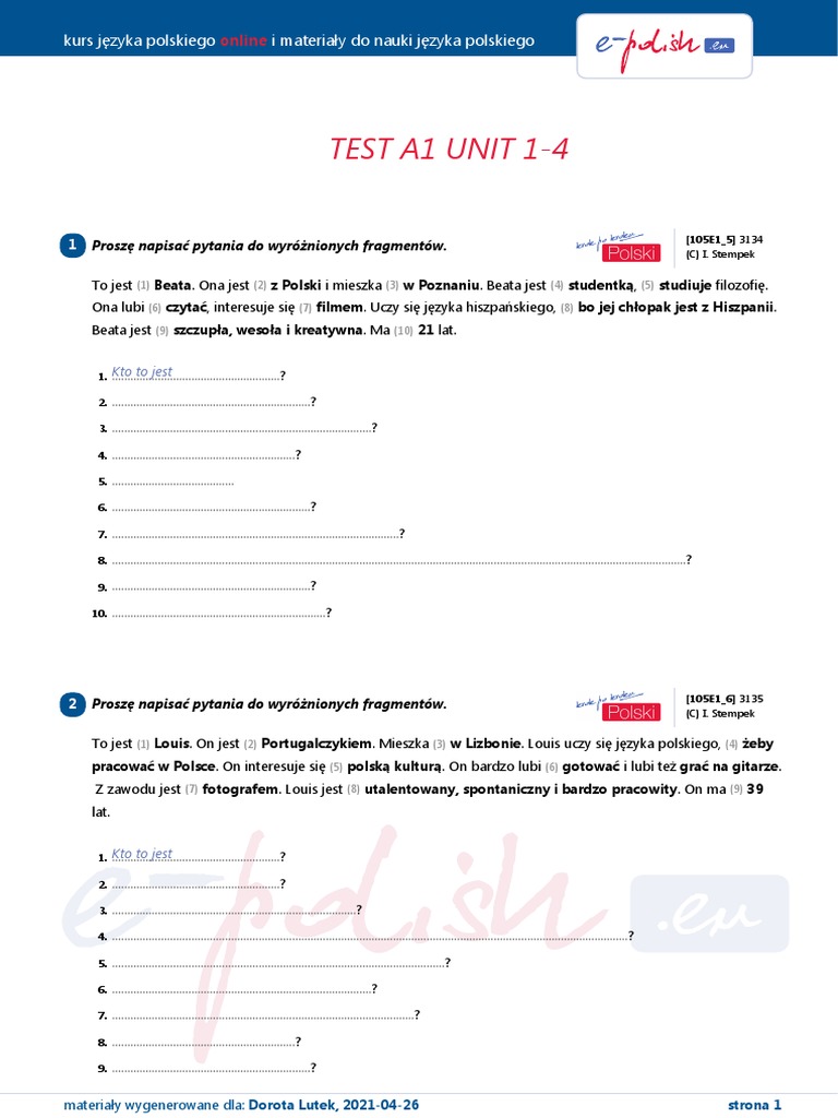 Test A1 Unit 1-4 | PDF