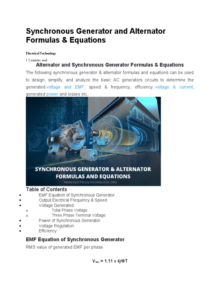 Synchronous Generator and Alternator Formulas | PDF | Metrology | Machines
