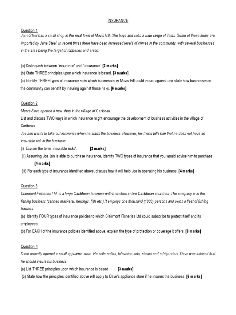 INSURANCE Past Paper Questions | PDF