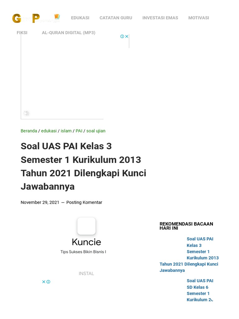 Soal UAS PAI Kelas 3 Semester 1 Kurikulum 2013 Tahun 2021 Dilengkapi Kunci Jawabannya - Guru ...