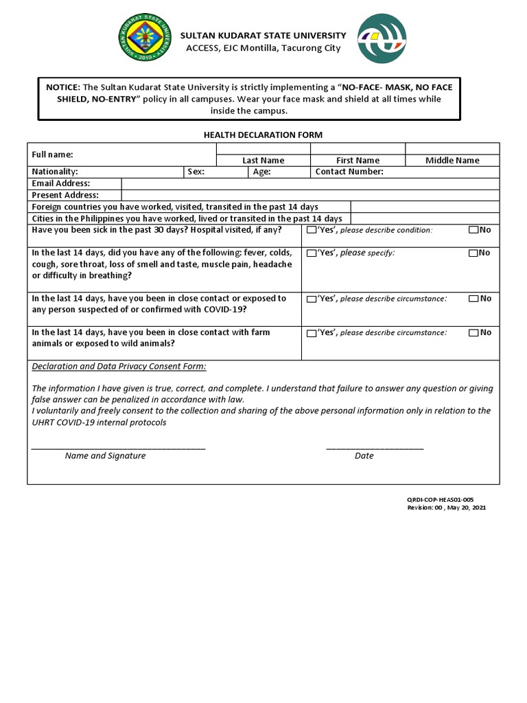 Health Declaration Form Edited 2021 | PDF