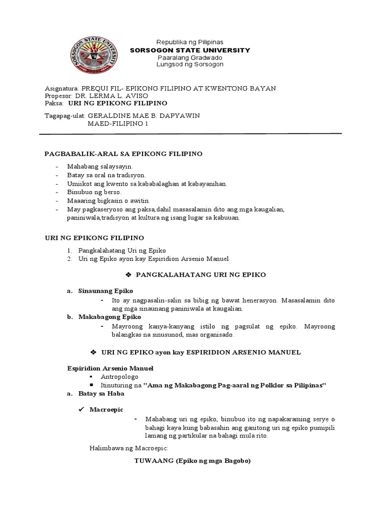 HAND-OUT SA URI NG EPIKONG FILIPINO (Dapyawin, Geraldine Mae B.) | PDF