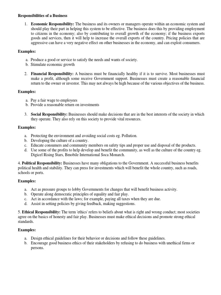 Responsibilities and Functional Areas of A Business Handout | PDF ...