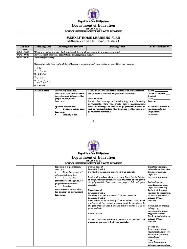 WHLP Math q2 Week1 | PDF | Function (Mathematics) | Polynomial