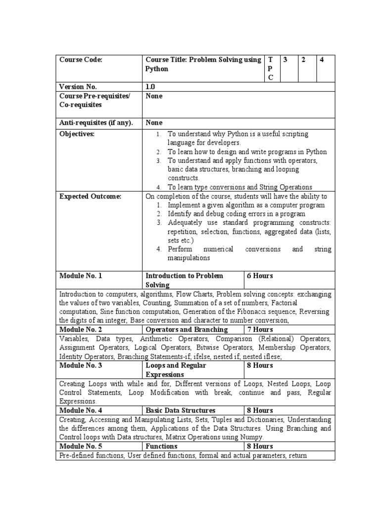 Python Syllabus | PDF | Control Flow | Subroutine Python Syllabus | PDF | Control Flow | Subroutine