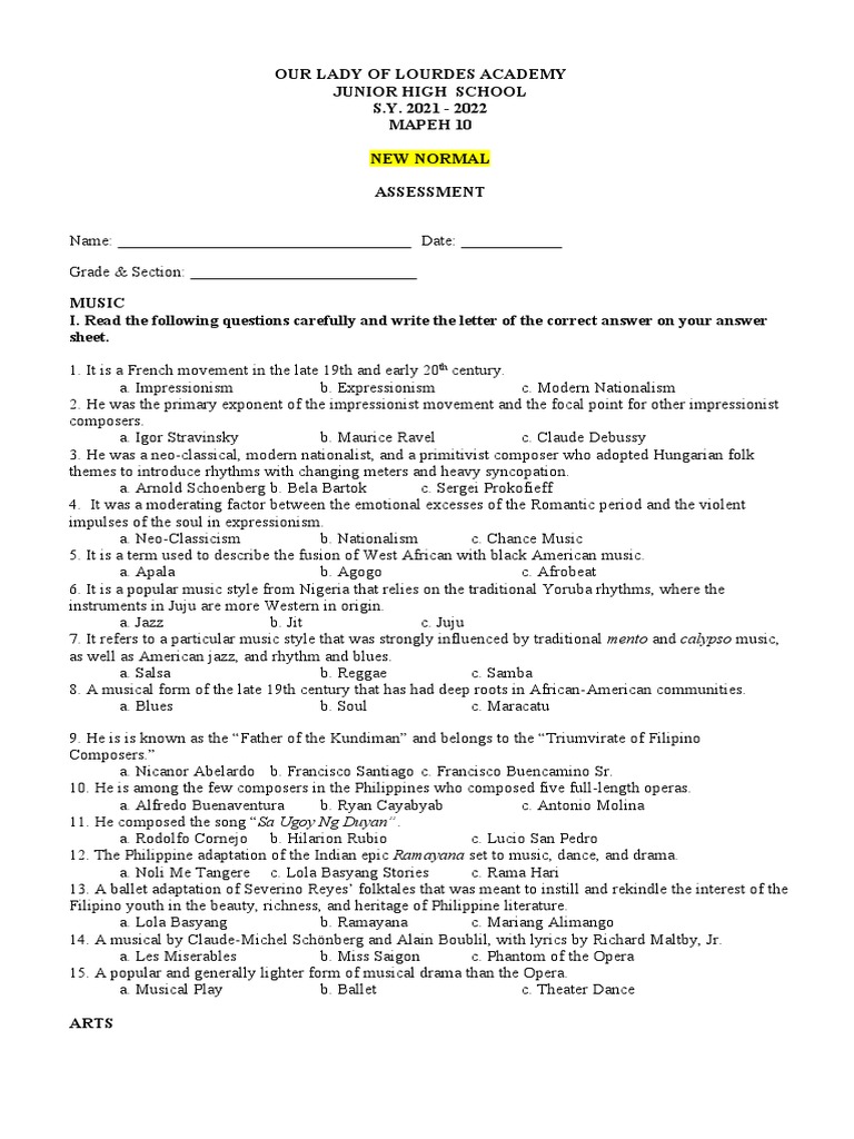 Mapeh Assessment Grade 10 | PDF | Dances | Millennium Development Goals